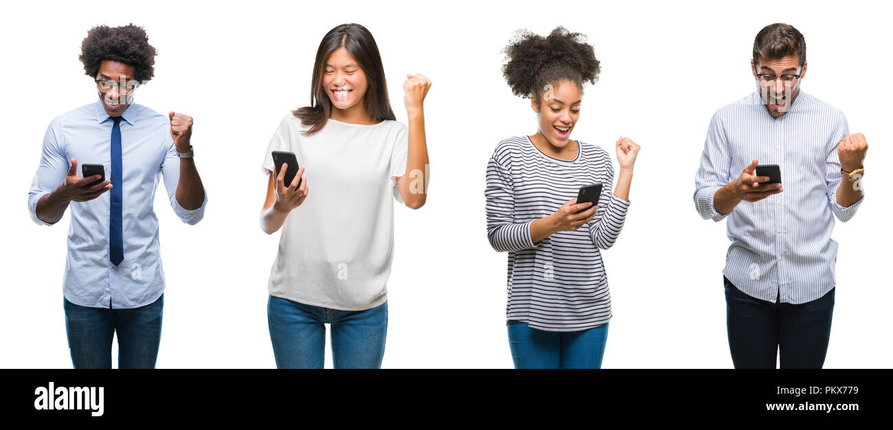 Collage of people texting sending message using smartphone over ...