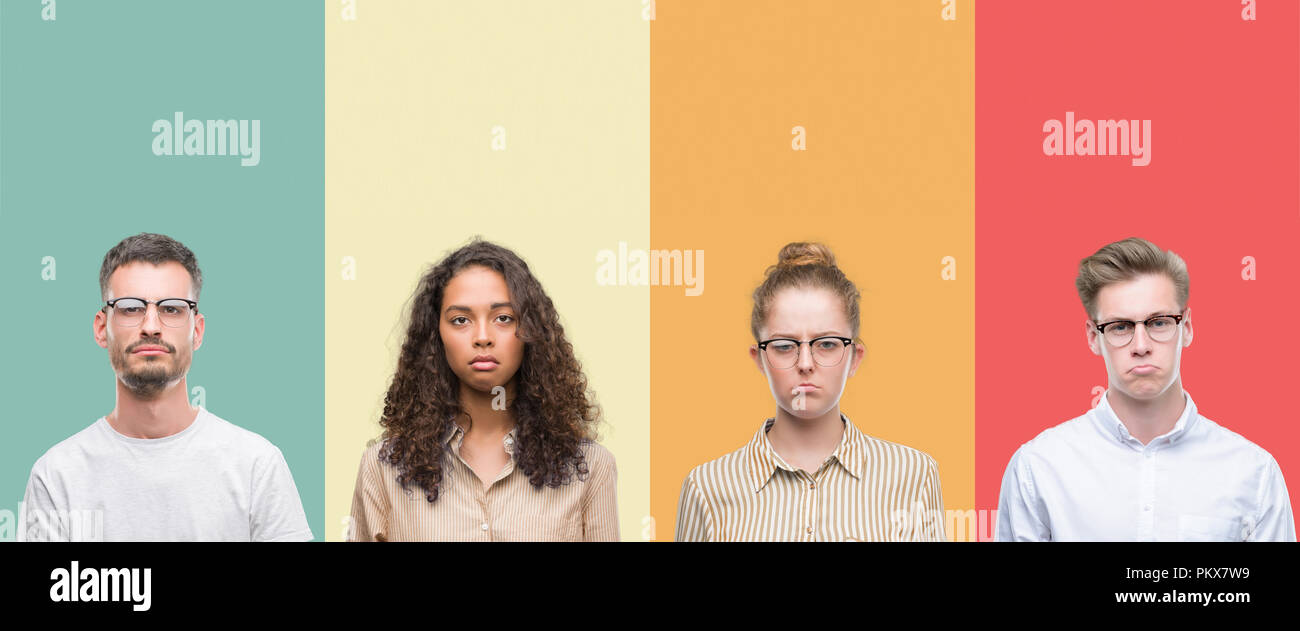 Collage of a group of people isolated over colorful background ...