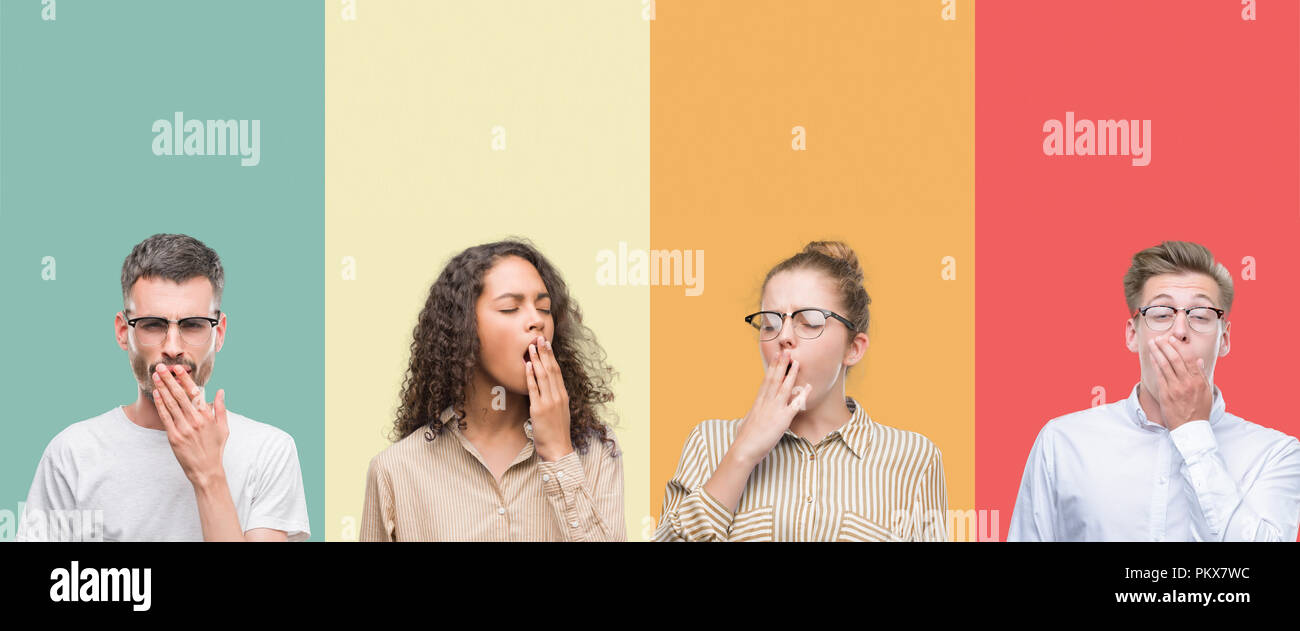 Collage of a group of people isolated over colorful background bored ...