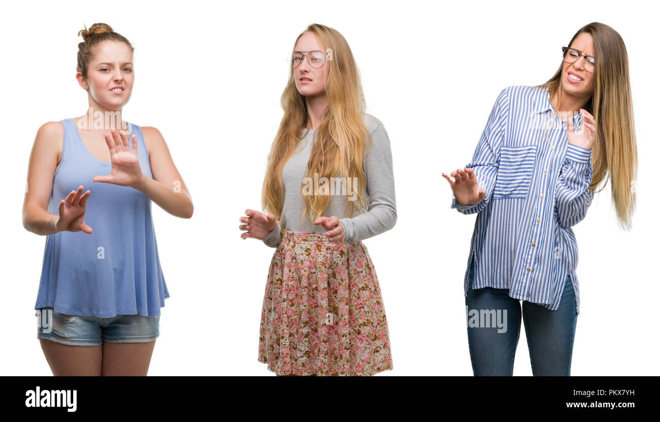 Collage of group of blonde women over isolated background disgusted ...