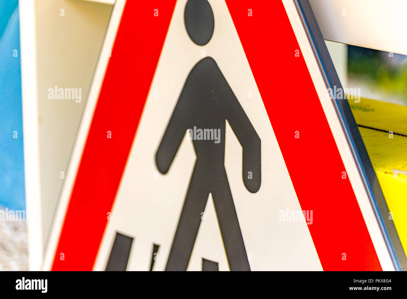 closeup of Warning sign with crosswalk Stock Photo - Alamy