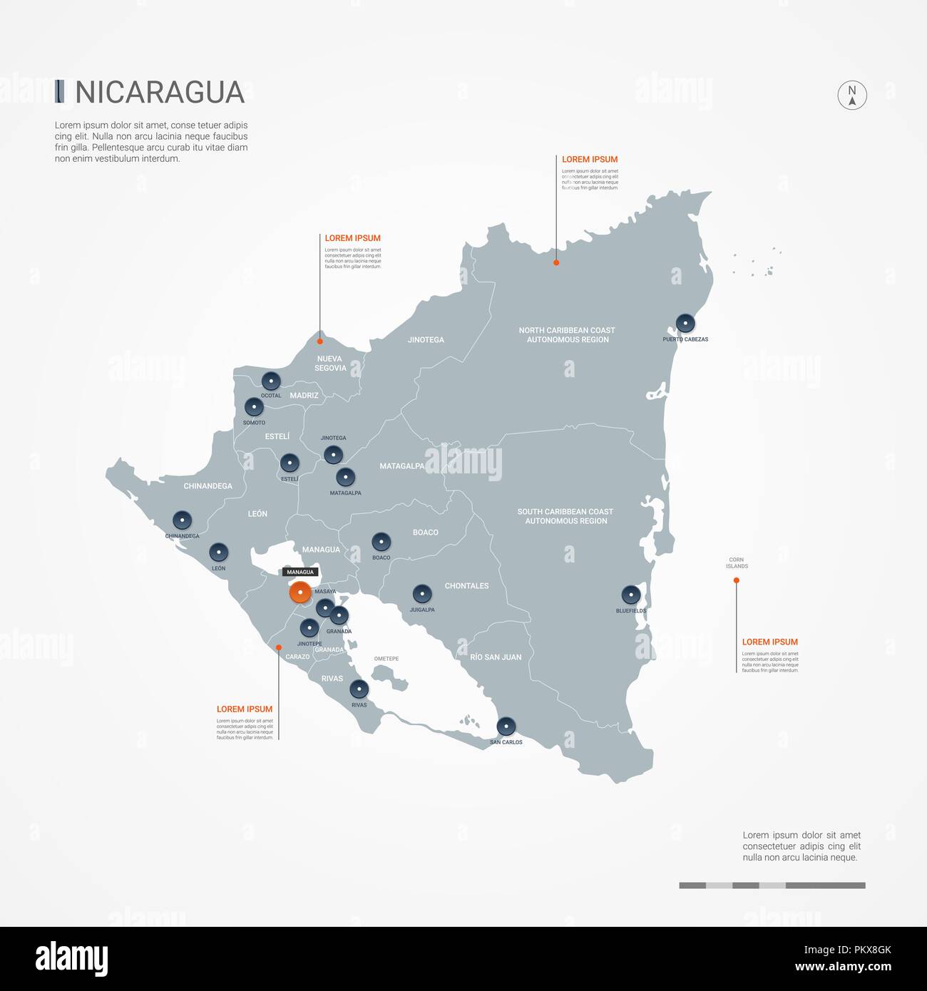 Nicaragua map with borders, cities, capital and administrative ...