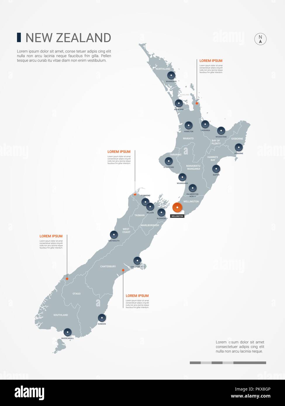 New Zealand map with borders, cities, capital and administrative ...