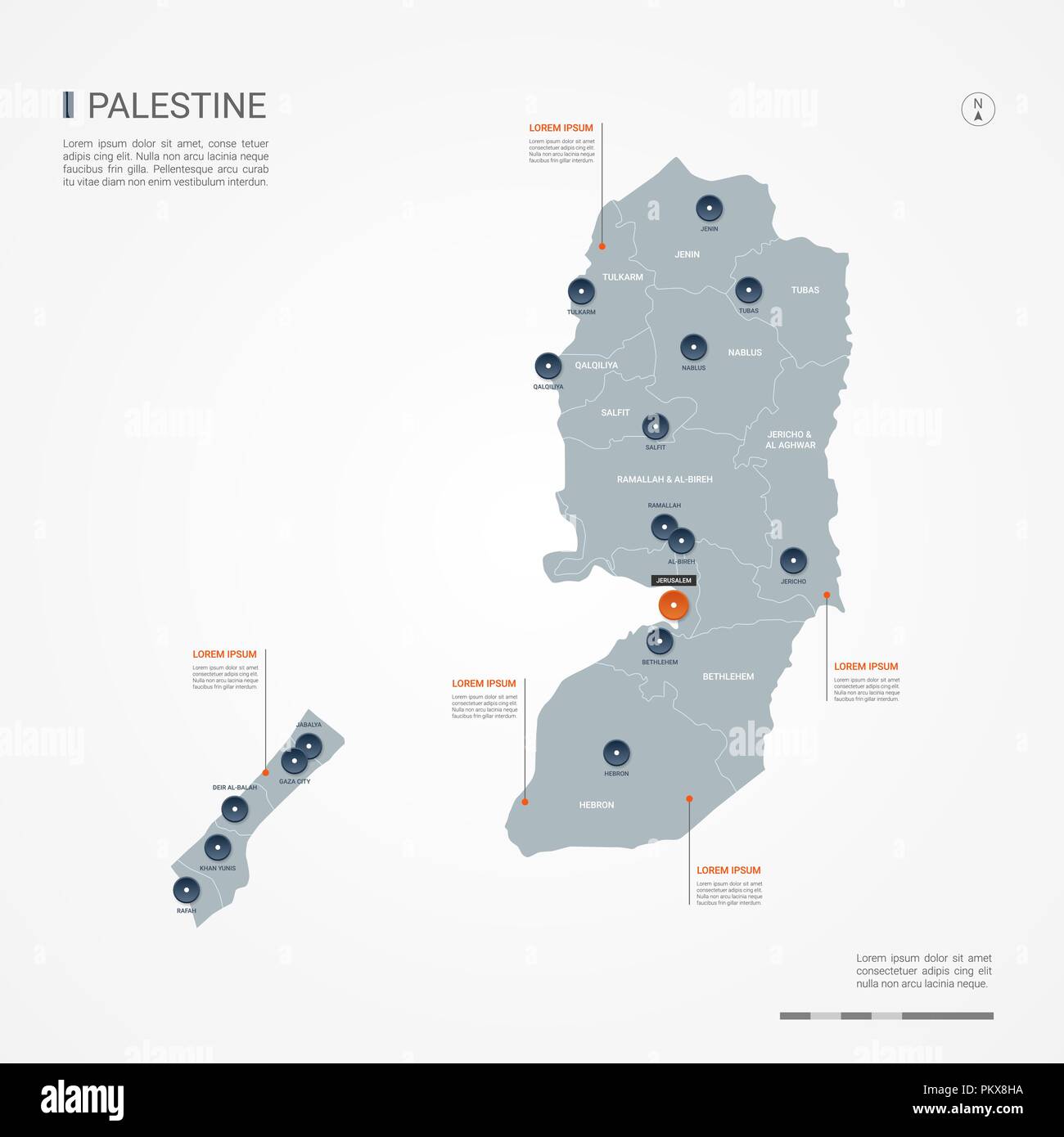 Palestine map with borders, cities, capital and administrative ...