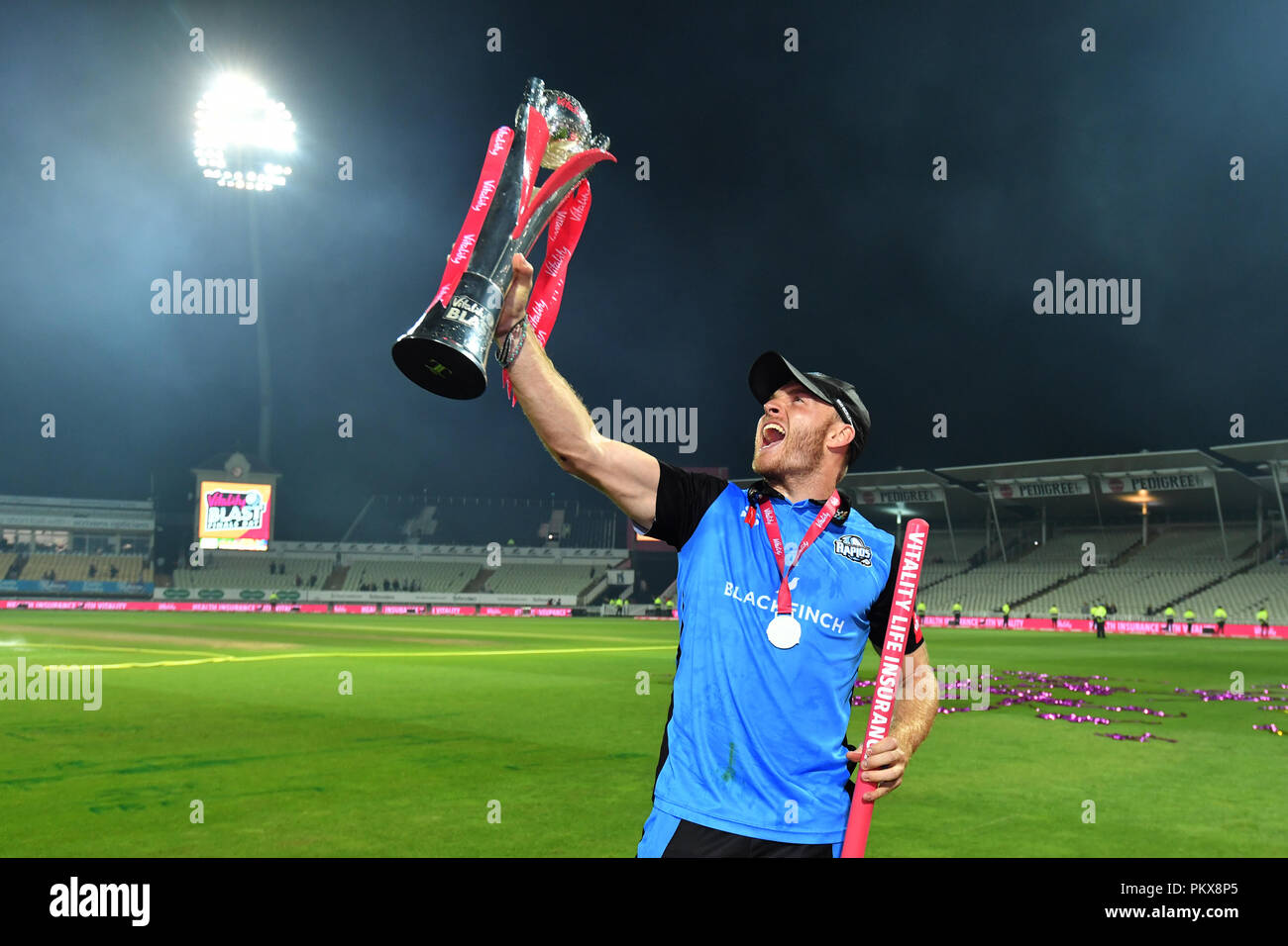Worcestershire Rapids' Ben Cox celebrates with the trophy during the ...