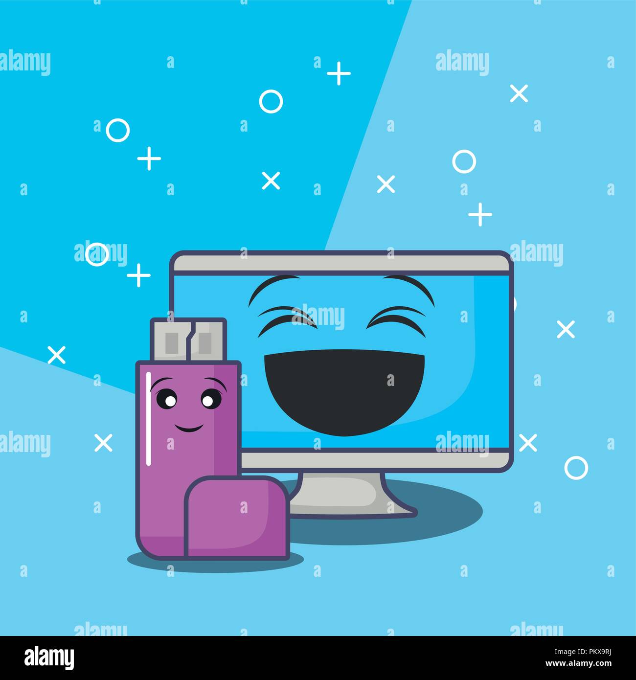 kawaii computer and usb over blue background, colorful design. vector ...
