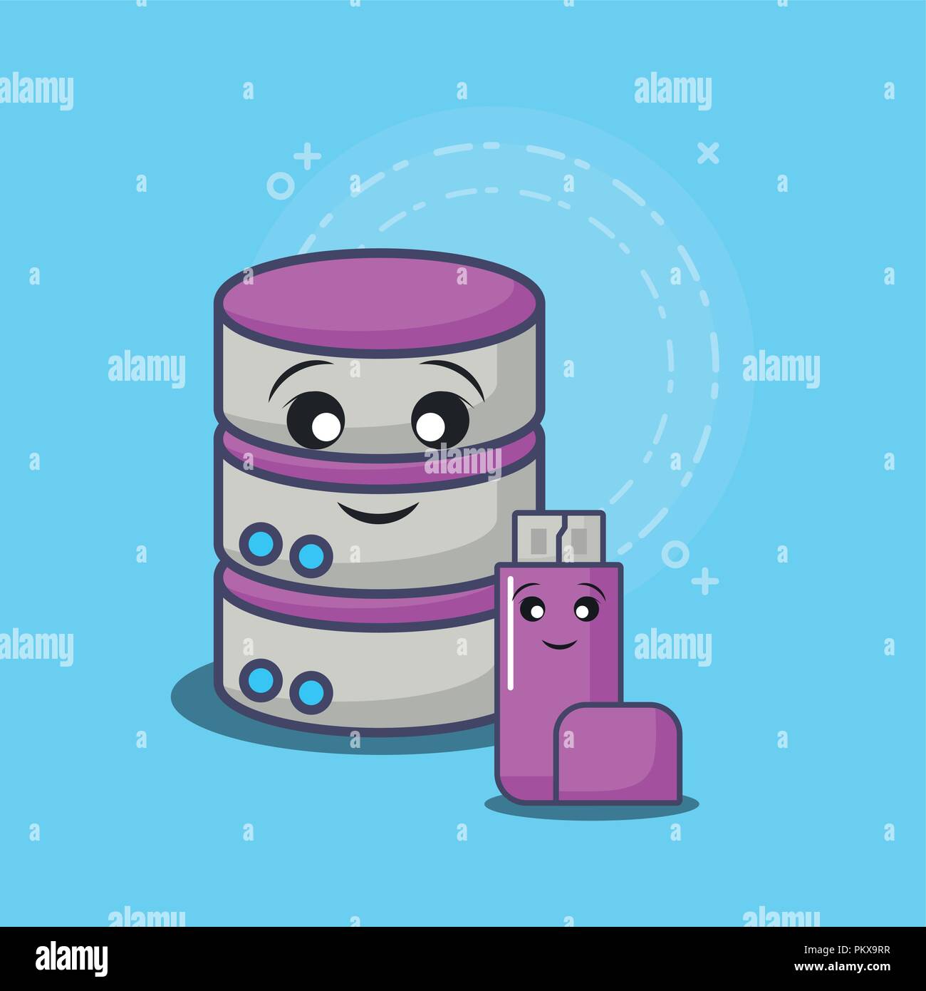 kawaii data server and usb over blue background, colorful design ...