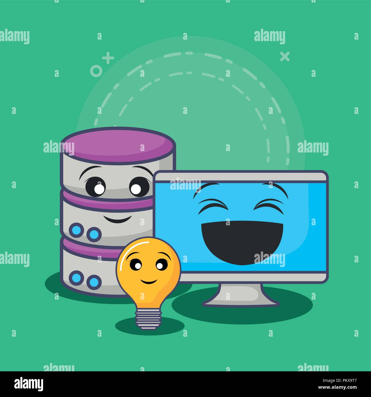 kawaii data server with computer and light bulb over green background ...
