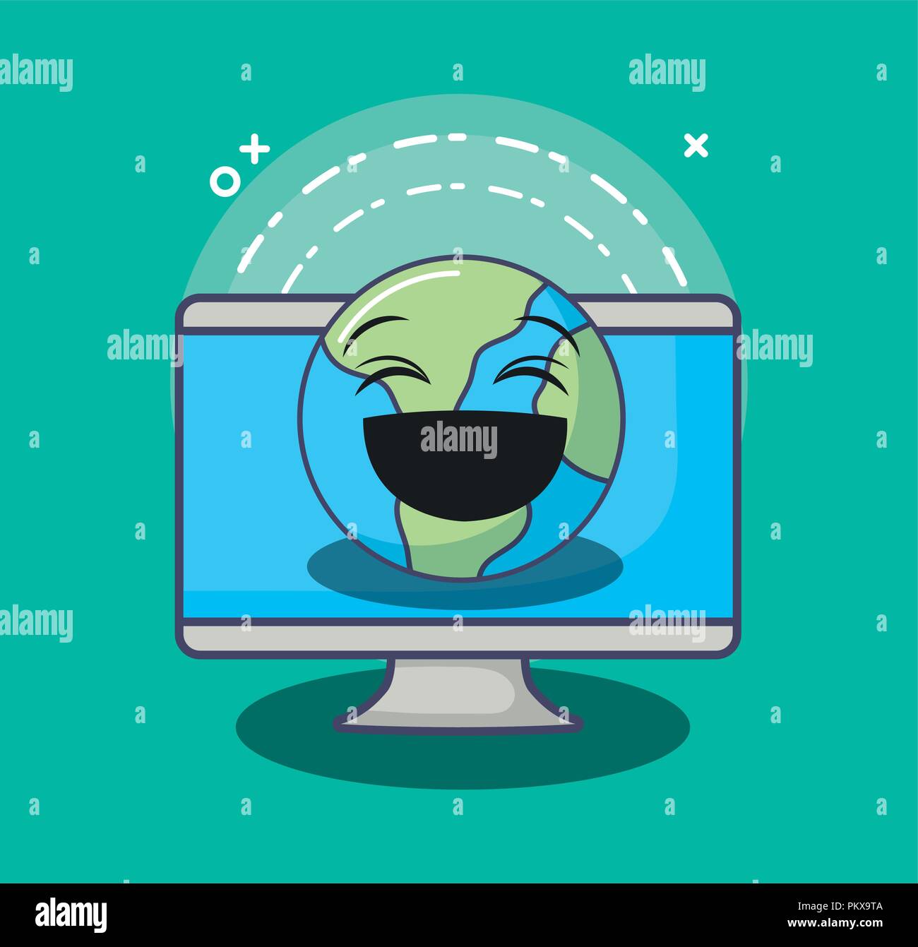 kawaii computer and earth planet over blue background, colorful design ...