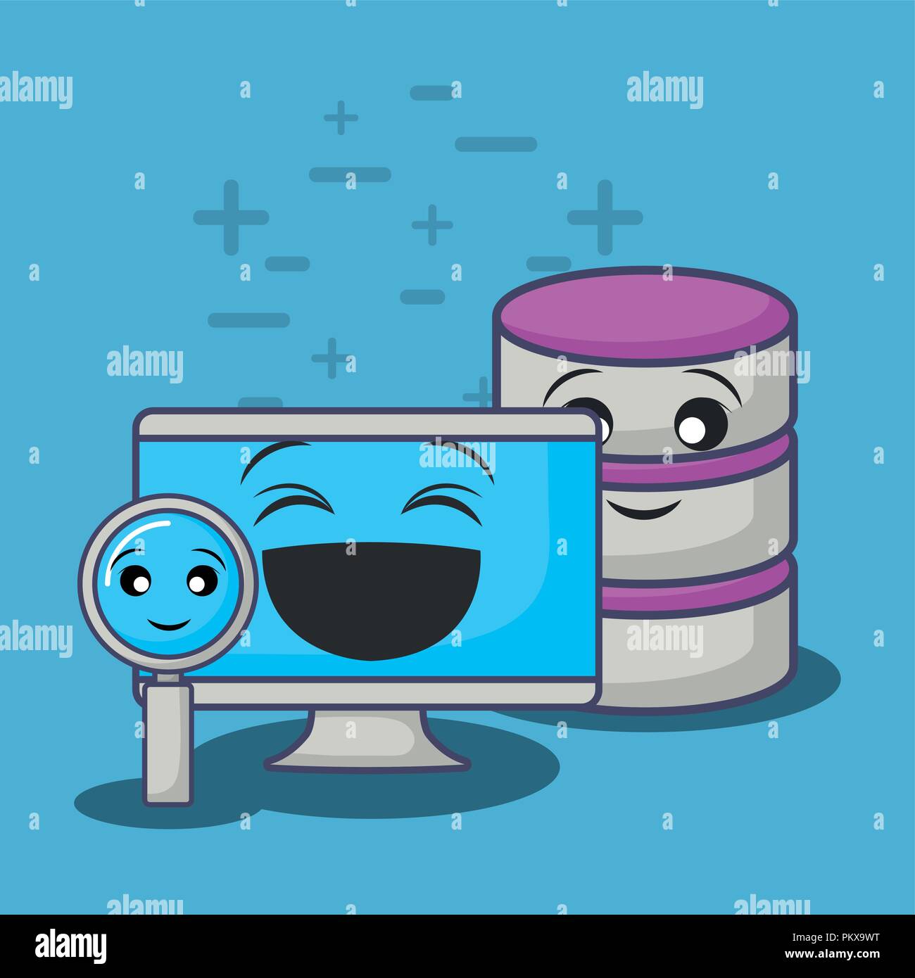 kawaii data server with computer and lupe over blue background ...