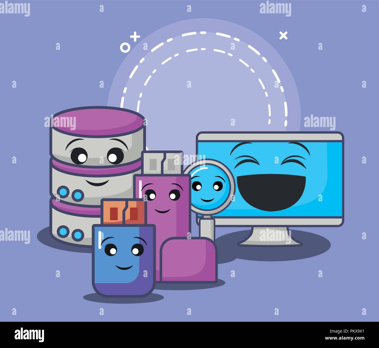 kawaii data server with usb and computer over purple background ...