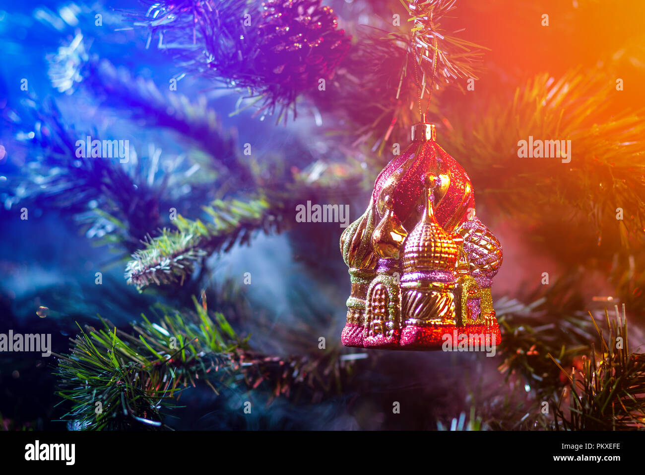 Red shiny decoration Christmas balls Kremlin with house in colored ...
