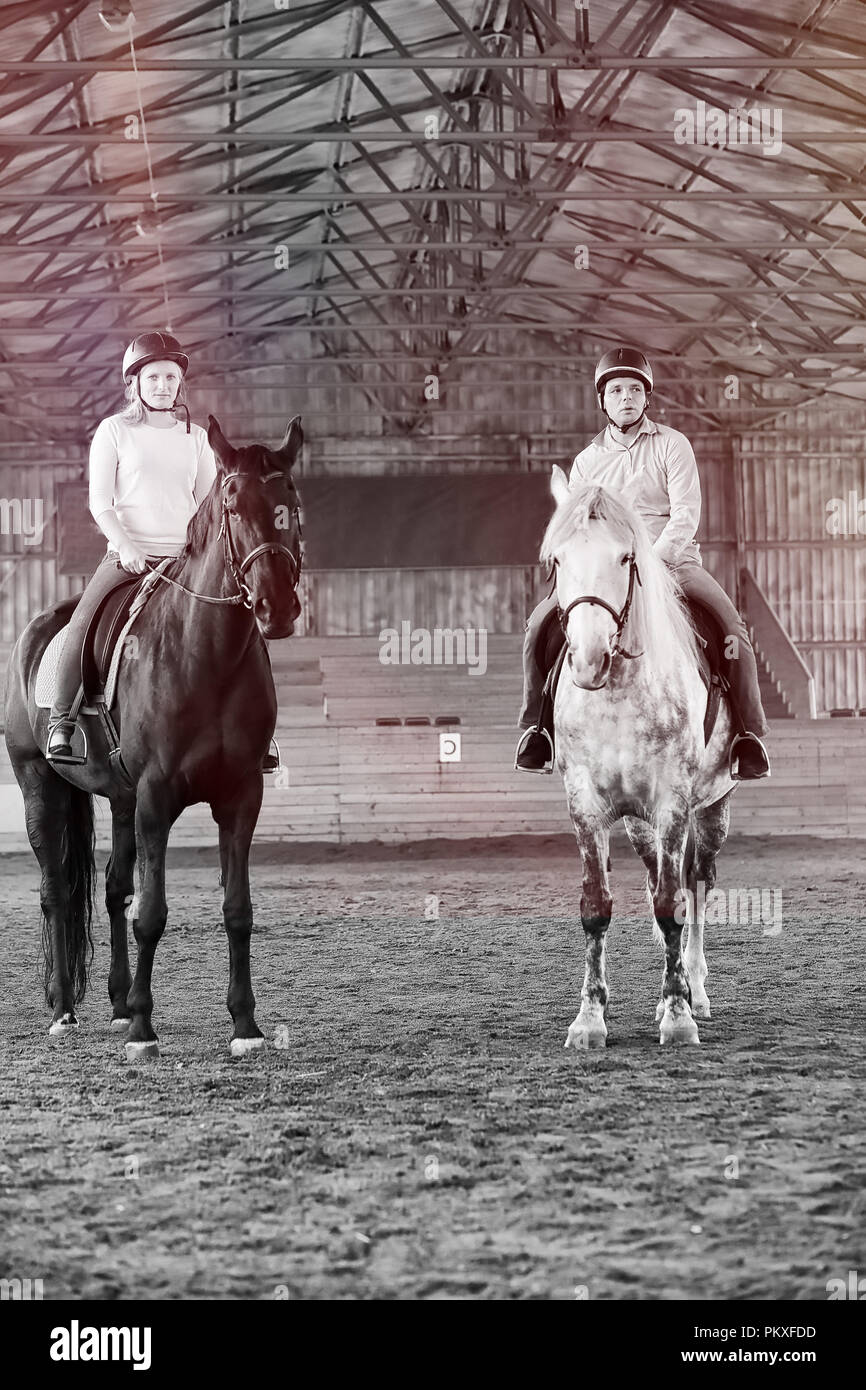 Young people on a horse training in wooden arena Stock Photo - Alamy