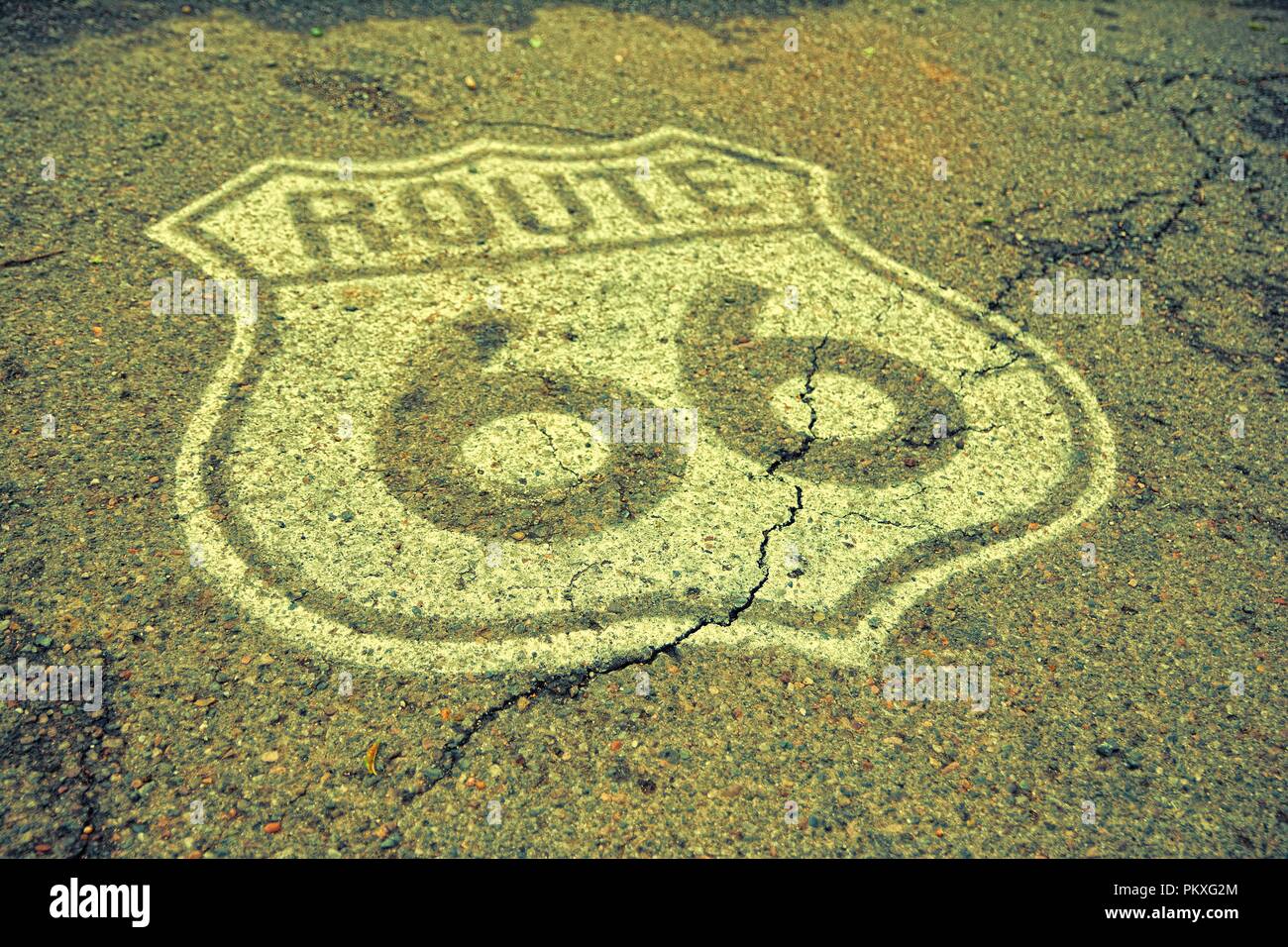 Historic U.S. old Route 66 sign on the asphalt Stock Photo - Alamy