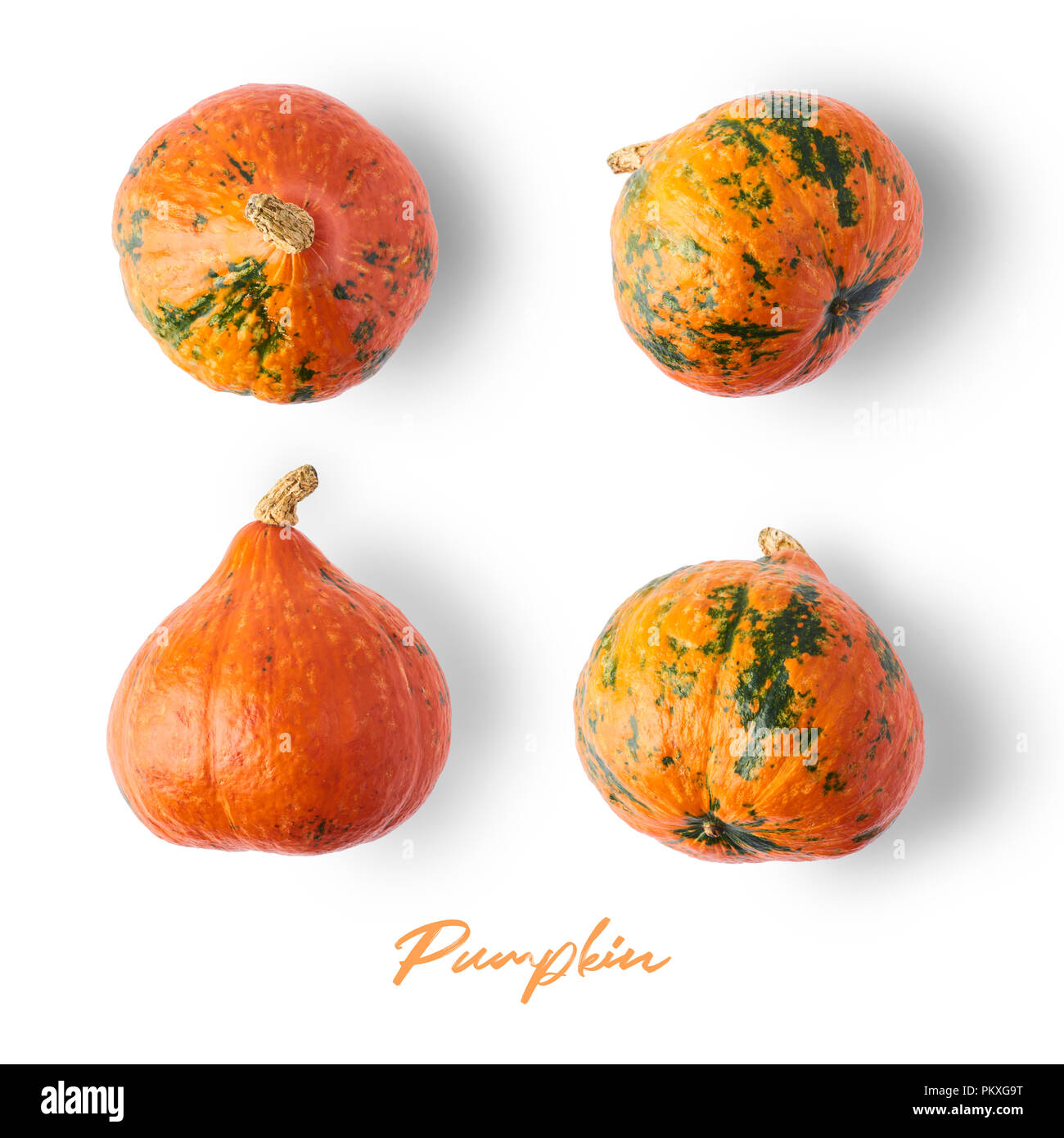 Collection with different angles and types of orange pumpkin isolated ...