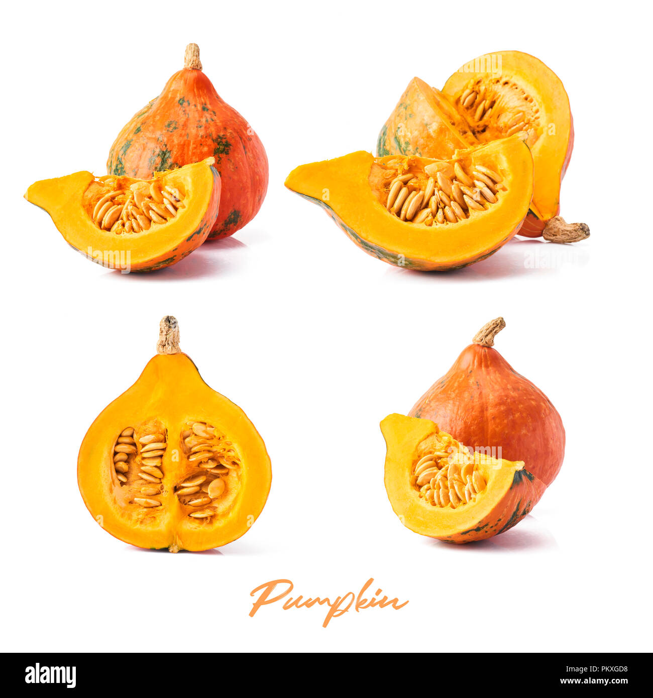 Collection with different angles and types of orange pumpkin isolated ...