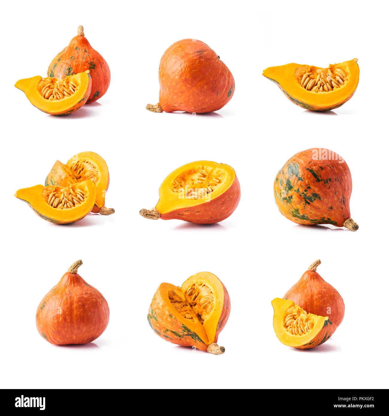 Collection with different angles and types of orange pumpkin isolated ...