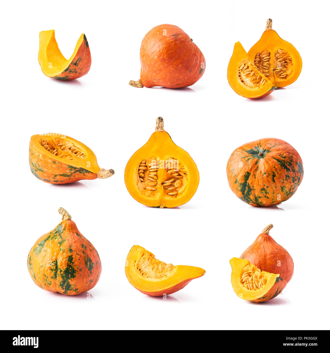 Collection with different angles and types of orange pumpkin isolated ...