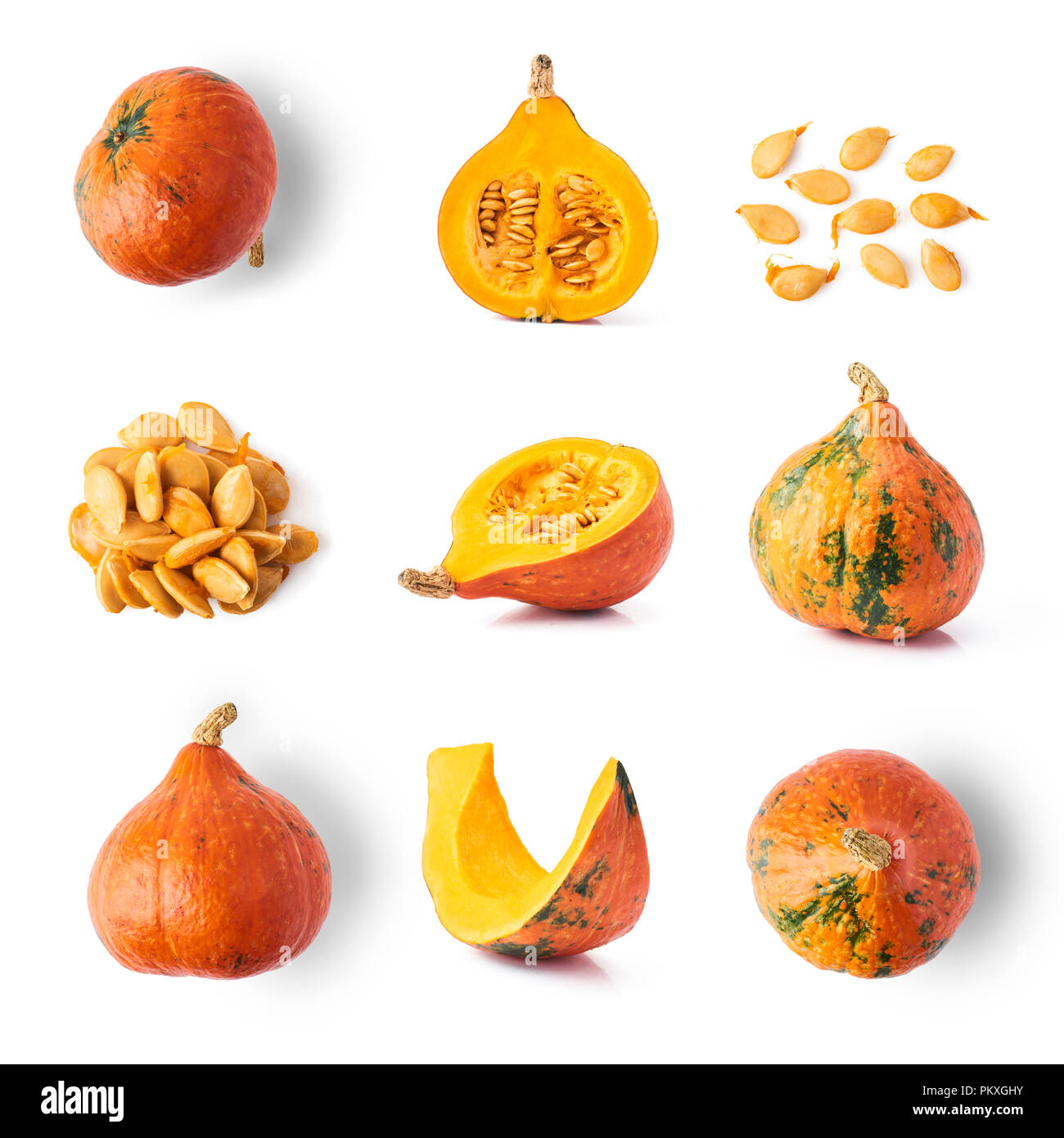 Collection with different angles and types of orange pumpkin isolated ...
