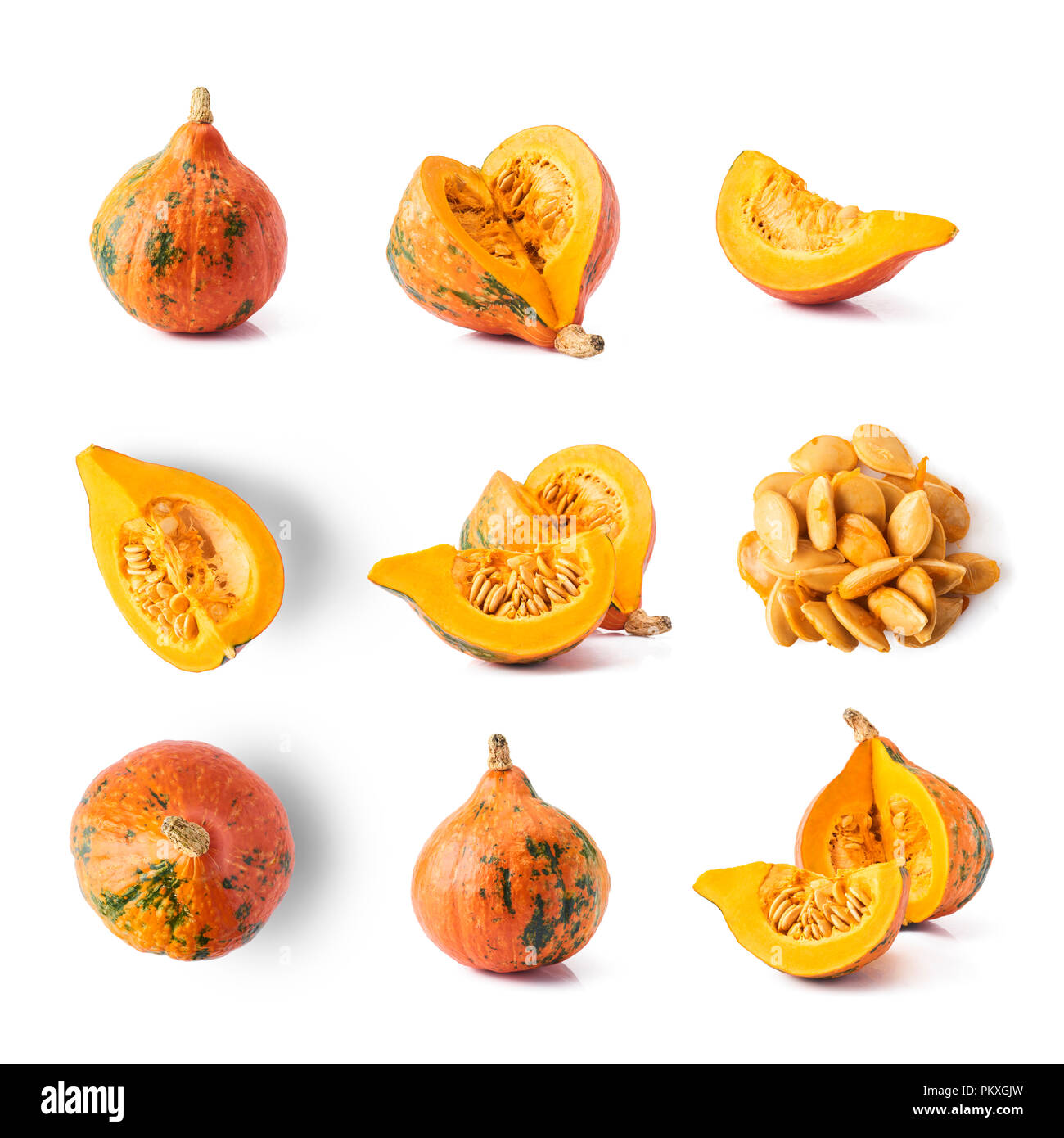 Collection with different angles and types of orange pumpkin isolated ...
