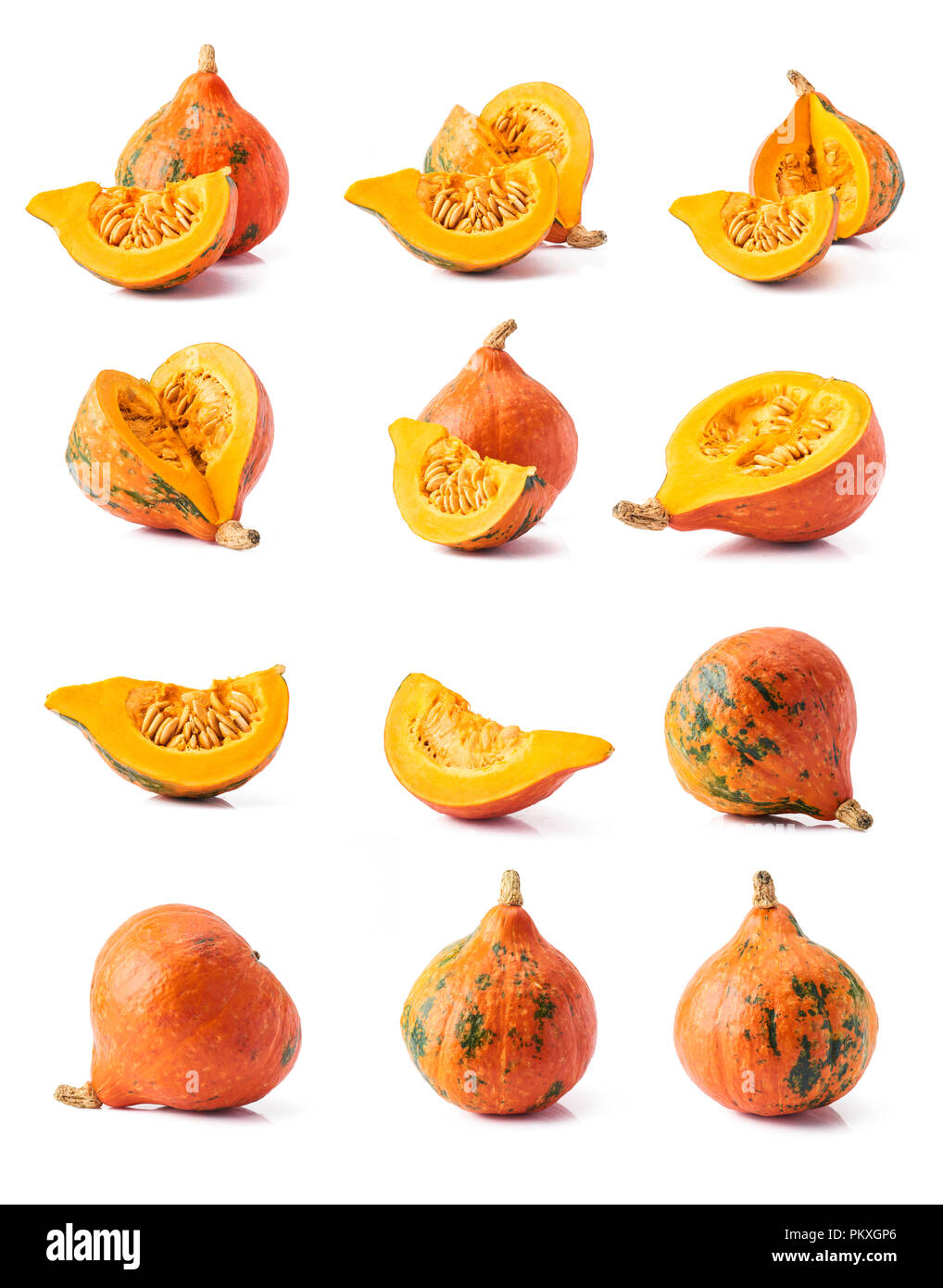 Collection with different angles and types of orange pumpkin isolated ...