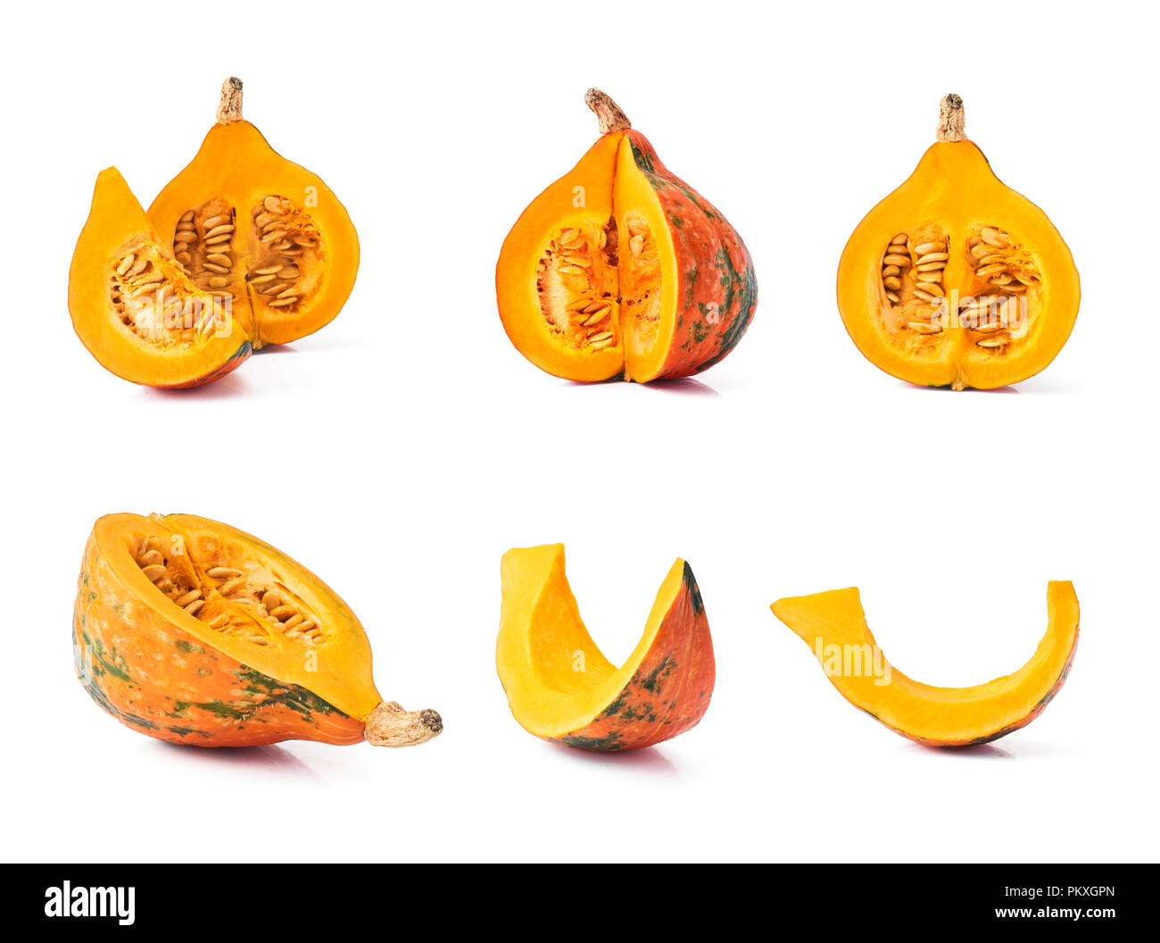 Collection with different angles and types of orange pumpkin isolated ...