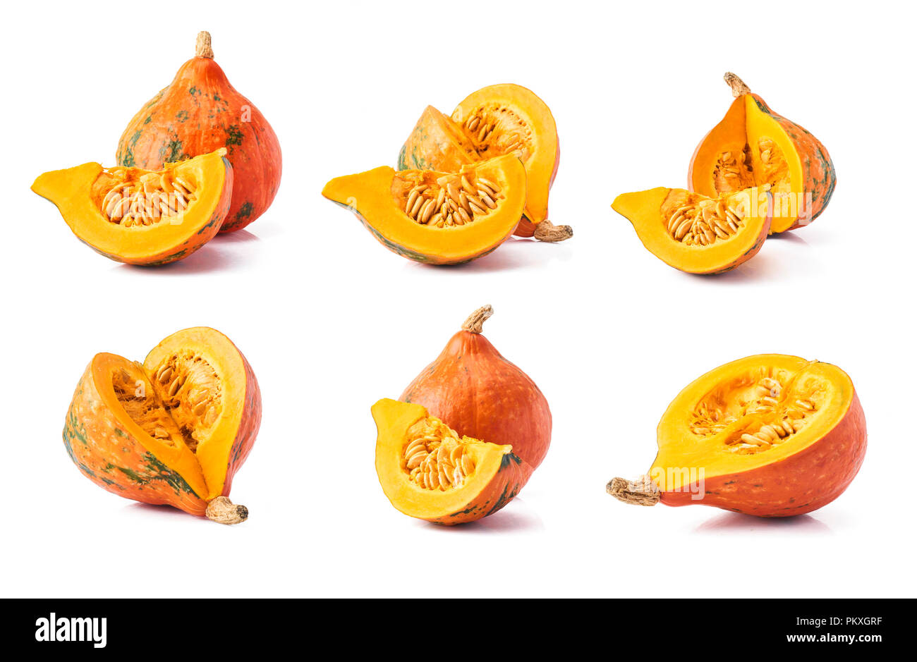 Collection with different angles and types of orange pumpkin isolated ...