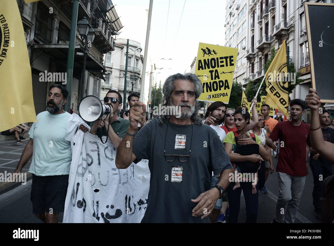 Athens, Greece. 15th Sep, 2018. Protesters holding placards seen at the ...