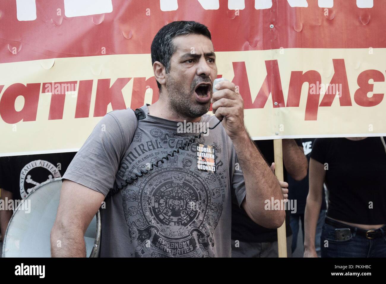 Athens, Greece. 15th Sep, 2018. A protester seen shouting slogans ...