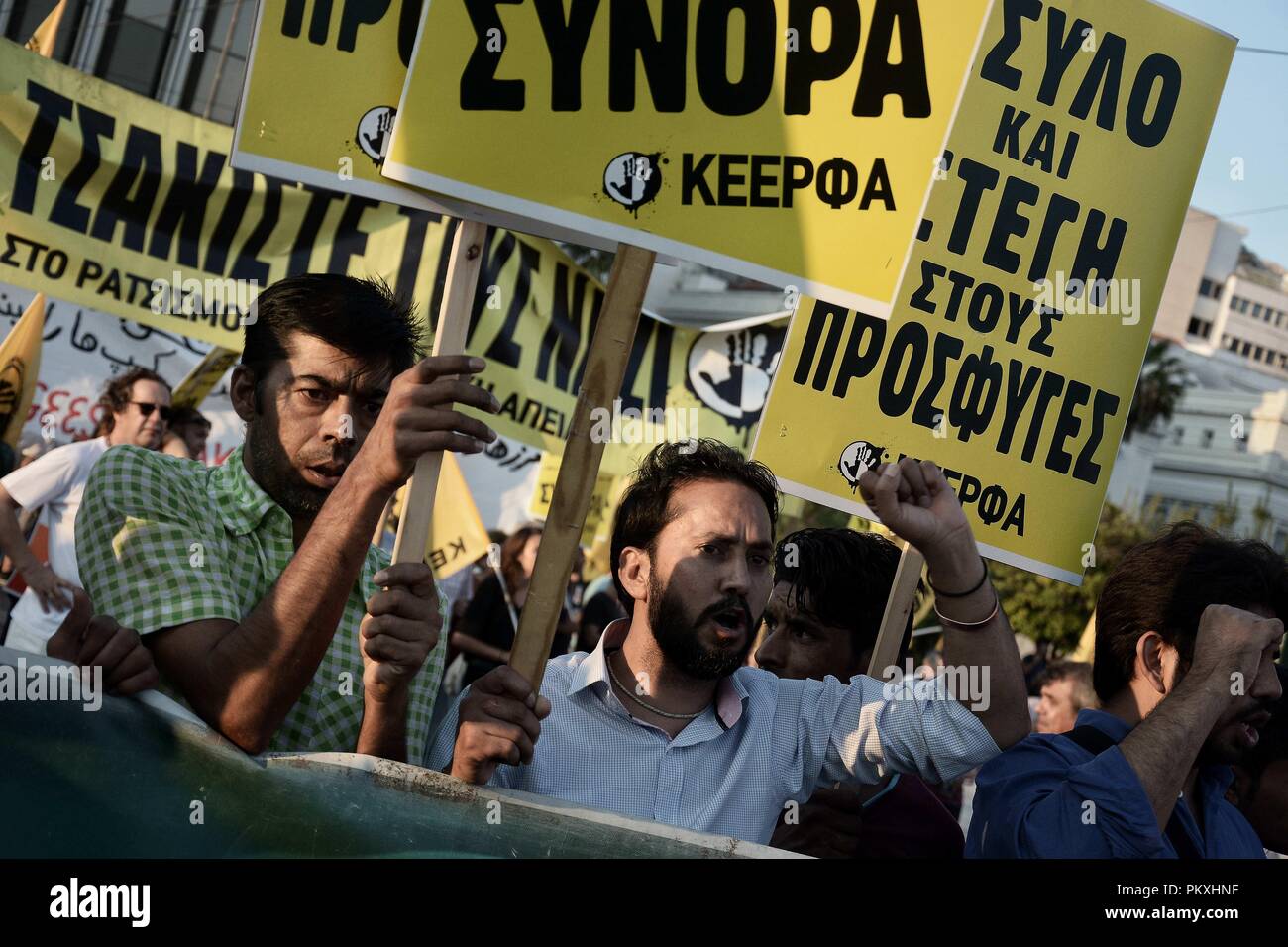 Athens, Greece. 15th Sep, 2018. Protesters holding placards seen at the ...