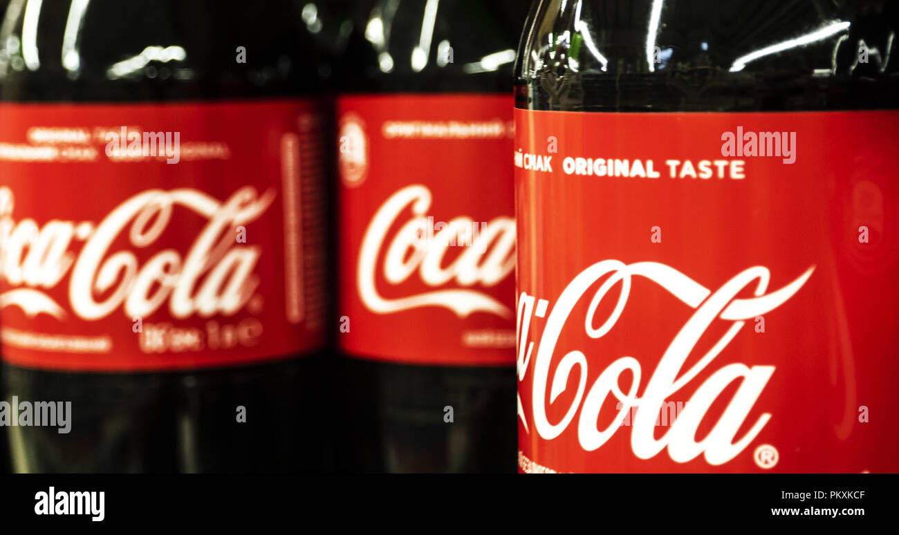 Kiev, Ukraine. 13th Sep, 2018. Row of Coca Cola bottles seen in store ...