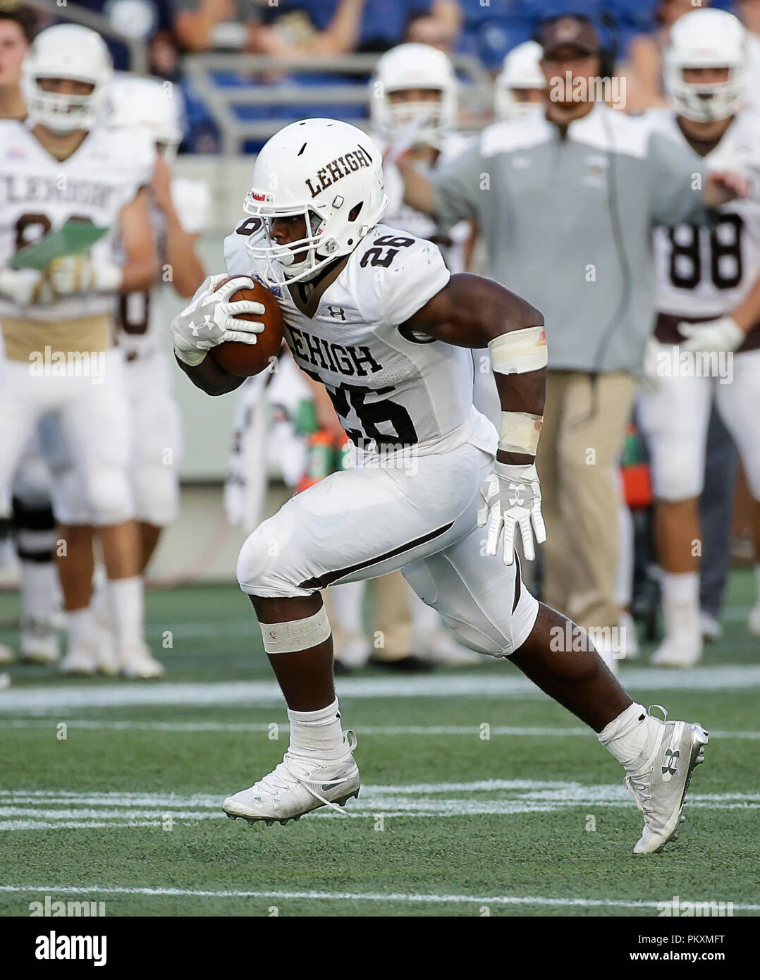 Annapolis, MD, USA. 15th Sep, 2018. Lehigh Mountain Hawks RB #26 Rashawn Allen runs with the ...