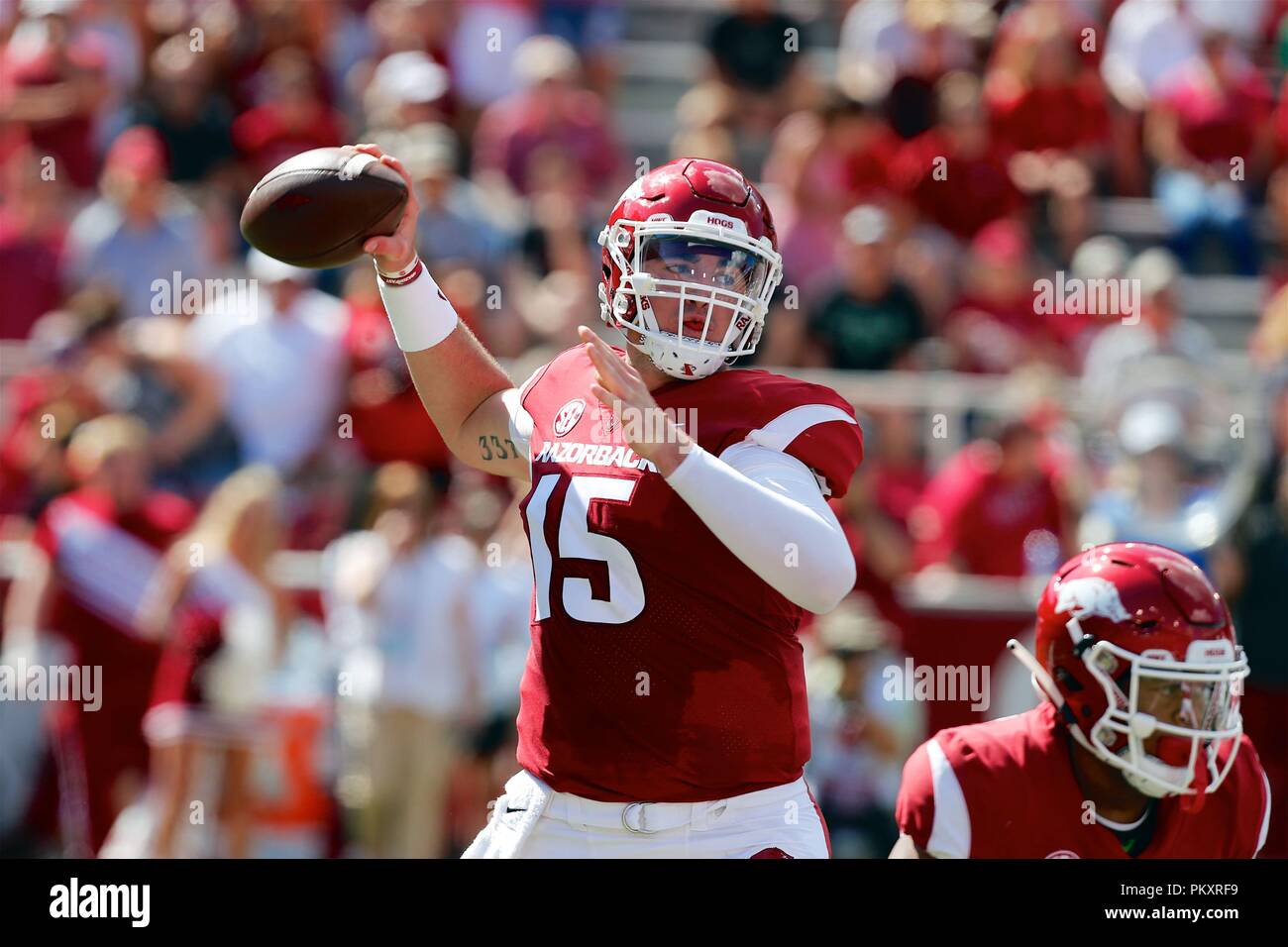 Arkansas, USA. Sep 15, 2018: Arkansas QB Cole Kelley #15 prepares to ...