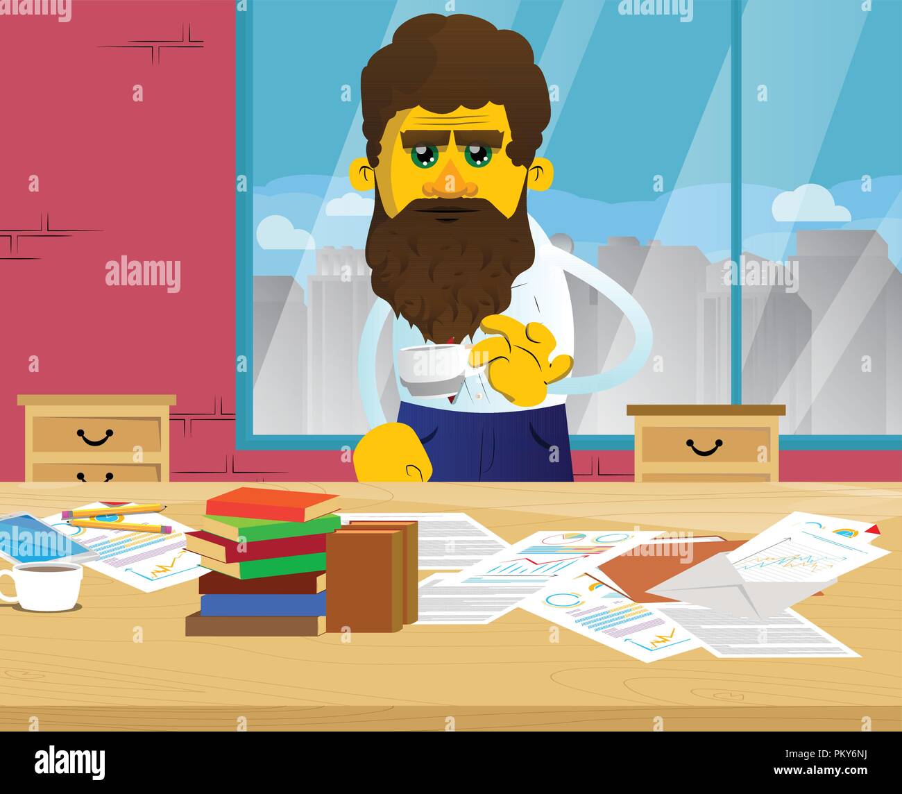 Yellow man drinking coffee. Vector cartoon illustration Stock Vector ...