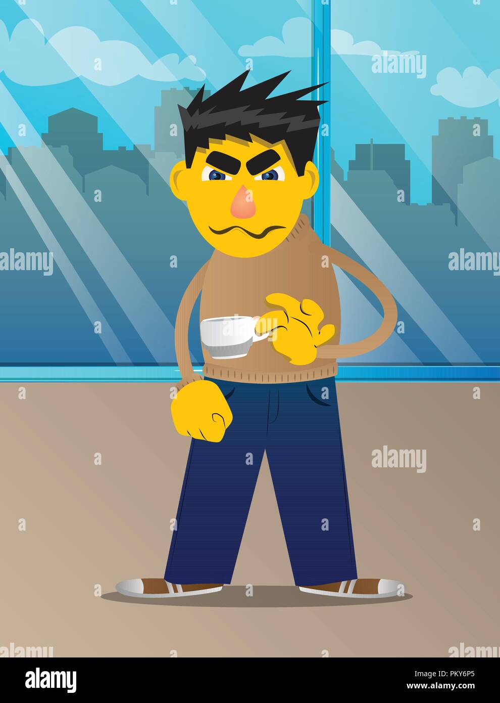 Yellow man drinking coffee. Vector cartoon illustration Stock Vector ...