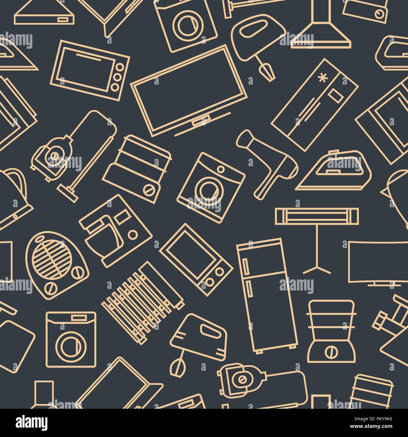 Seamless pattern from a set of household appliances icons of thin lines ...