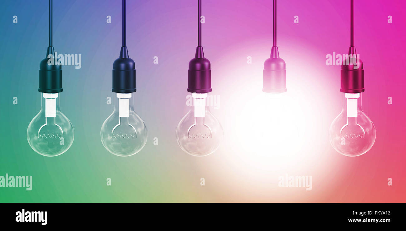 Row of Hanging Lightbulbs with One Lit Up Stock Photo - Alamy