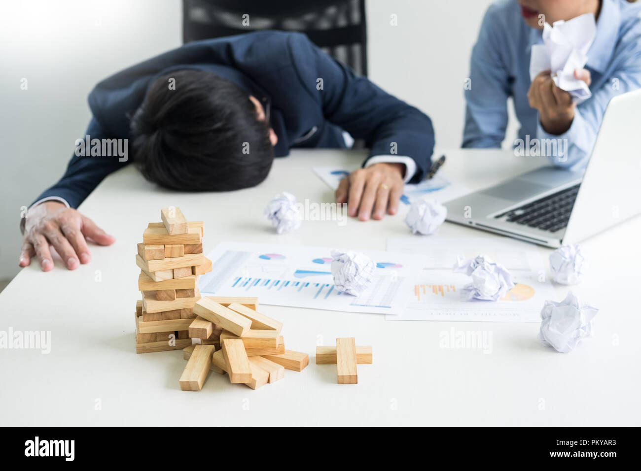 Depressed failure and tired businessman late sad and solving problem in ...