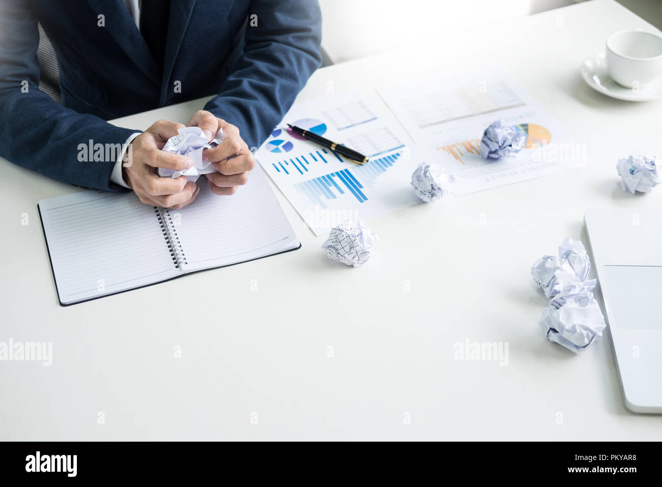 Depressed failure and tired businessman late sad and solving problem in ...