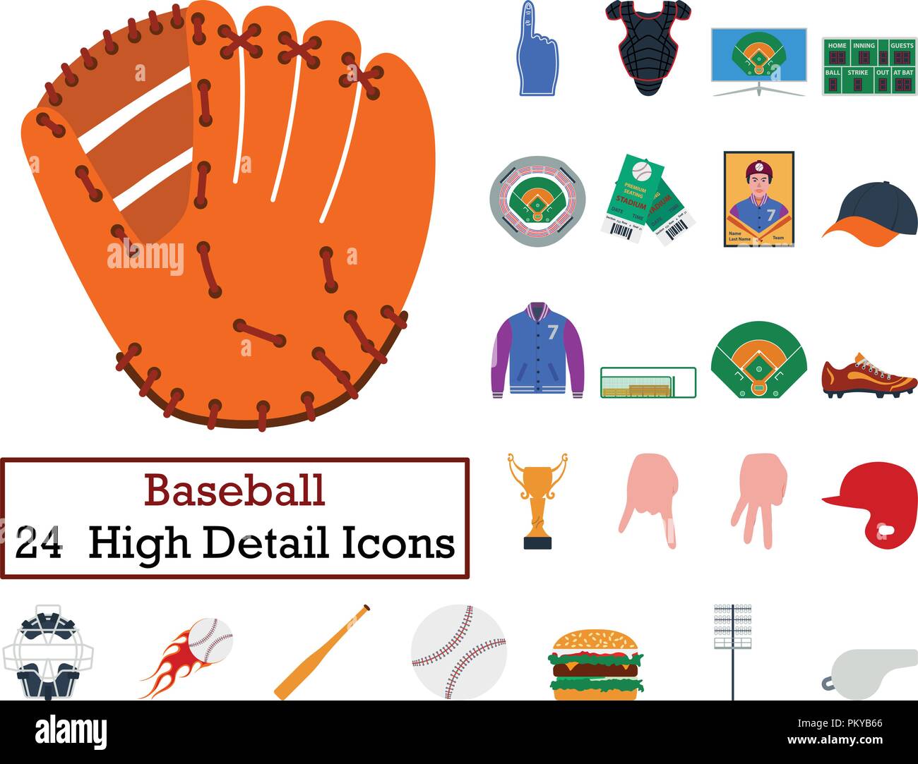 Set of 24 Baseball Icons. Flat color design. Vector illustration Stock ...
