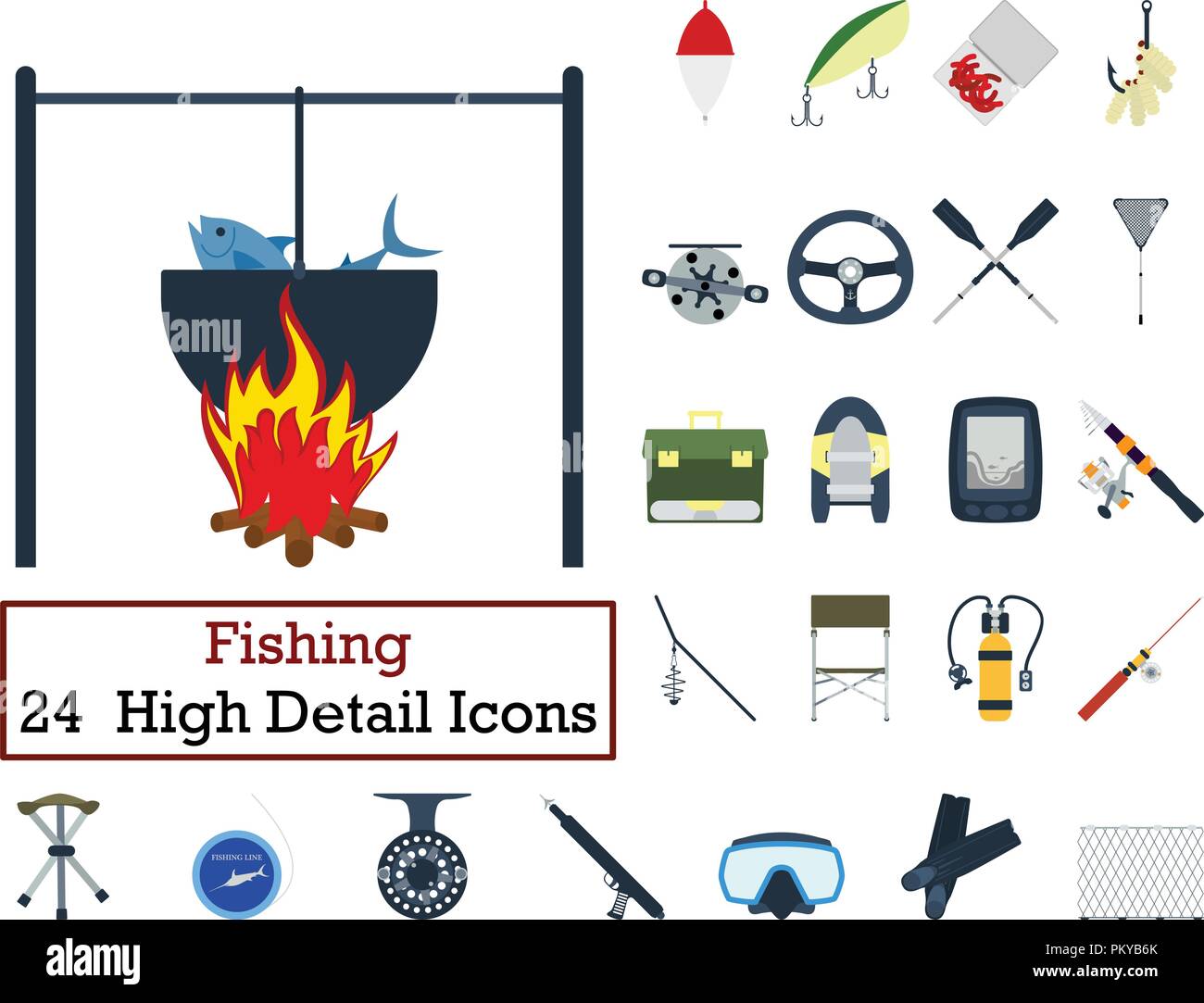 Set of 24 Fishing Icons. Flat color design. Vector illustration Stock ...