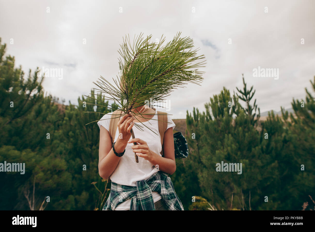 Woman explorer covering her face with small branch with trees in the ...