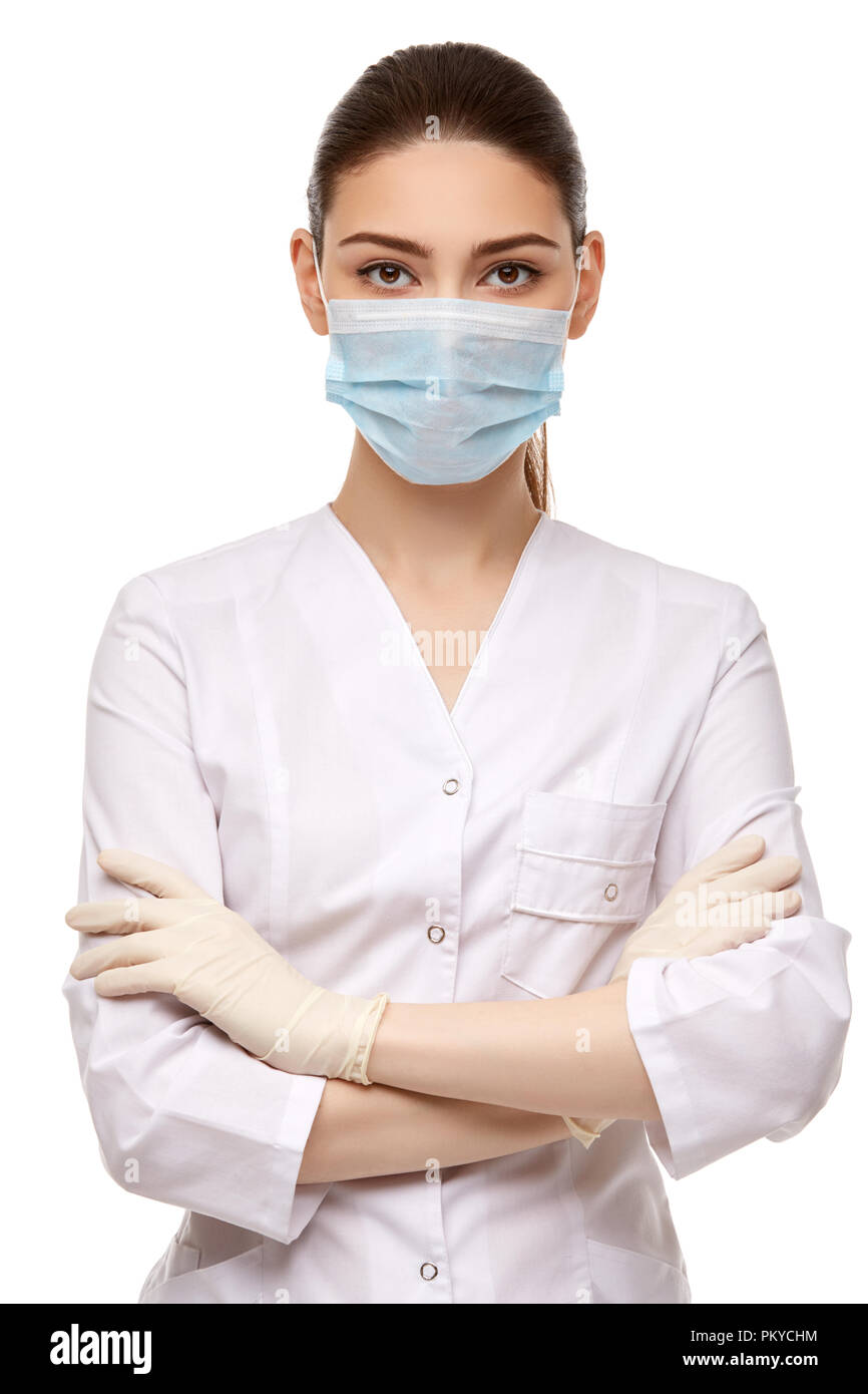 beautiful woman doctor in medical robe and rubber gloves isolated on ...