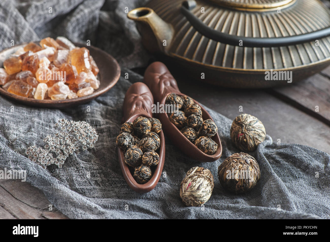 rolled tea leaves into a large pearl. Chinese tea from Yunnan province ...
