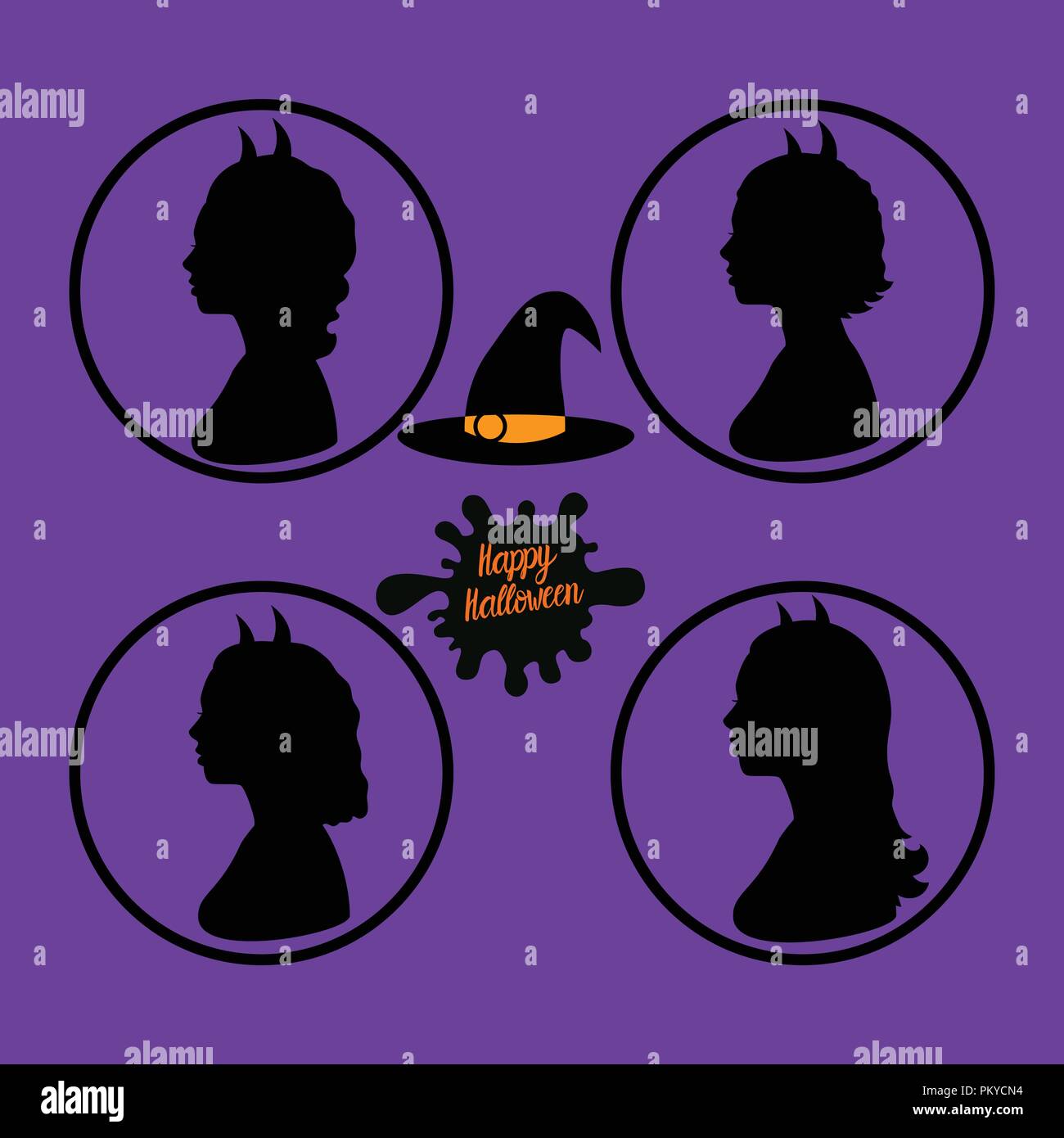 Set Happy Halloween sign. Female silhouette of witch side view. Vector ...