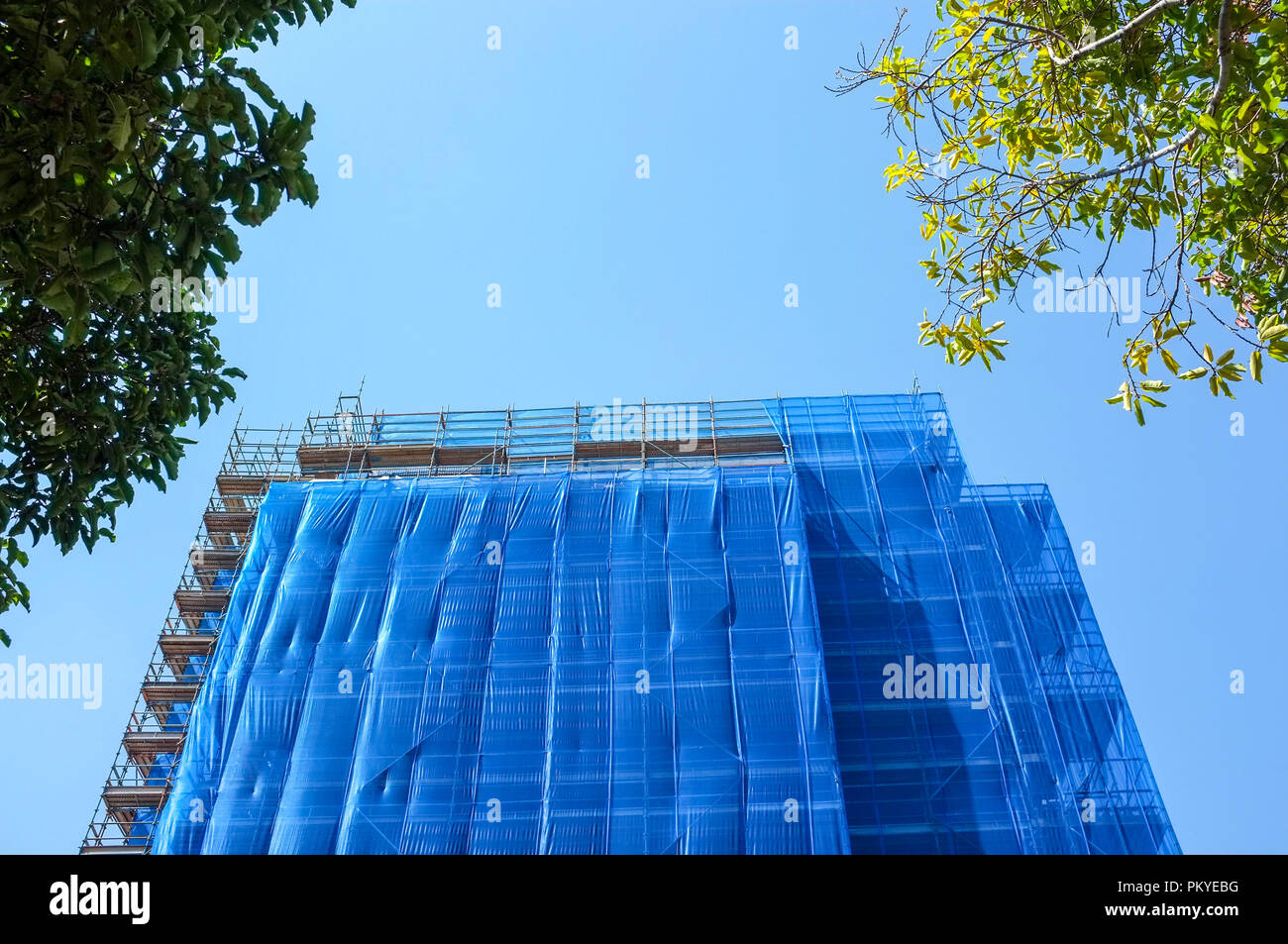 blue scaffolding over a building Stock Photo - Alamy