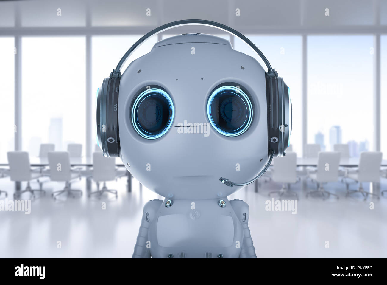 3d rendering mini robot wear headset in office Stock Photo - Alamy