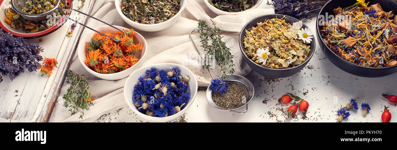 Various herbal tea. Top view. Panorama Stock Photo - Alamy