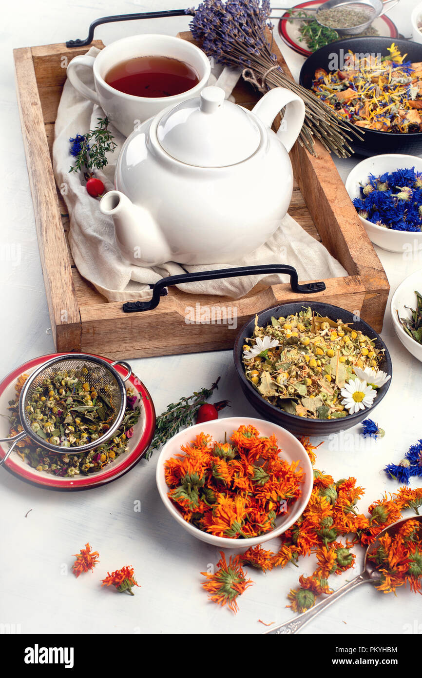 Different type of tea. Brewed herbal tea Stock Photo - Alamy