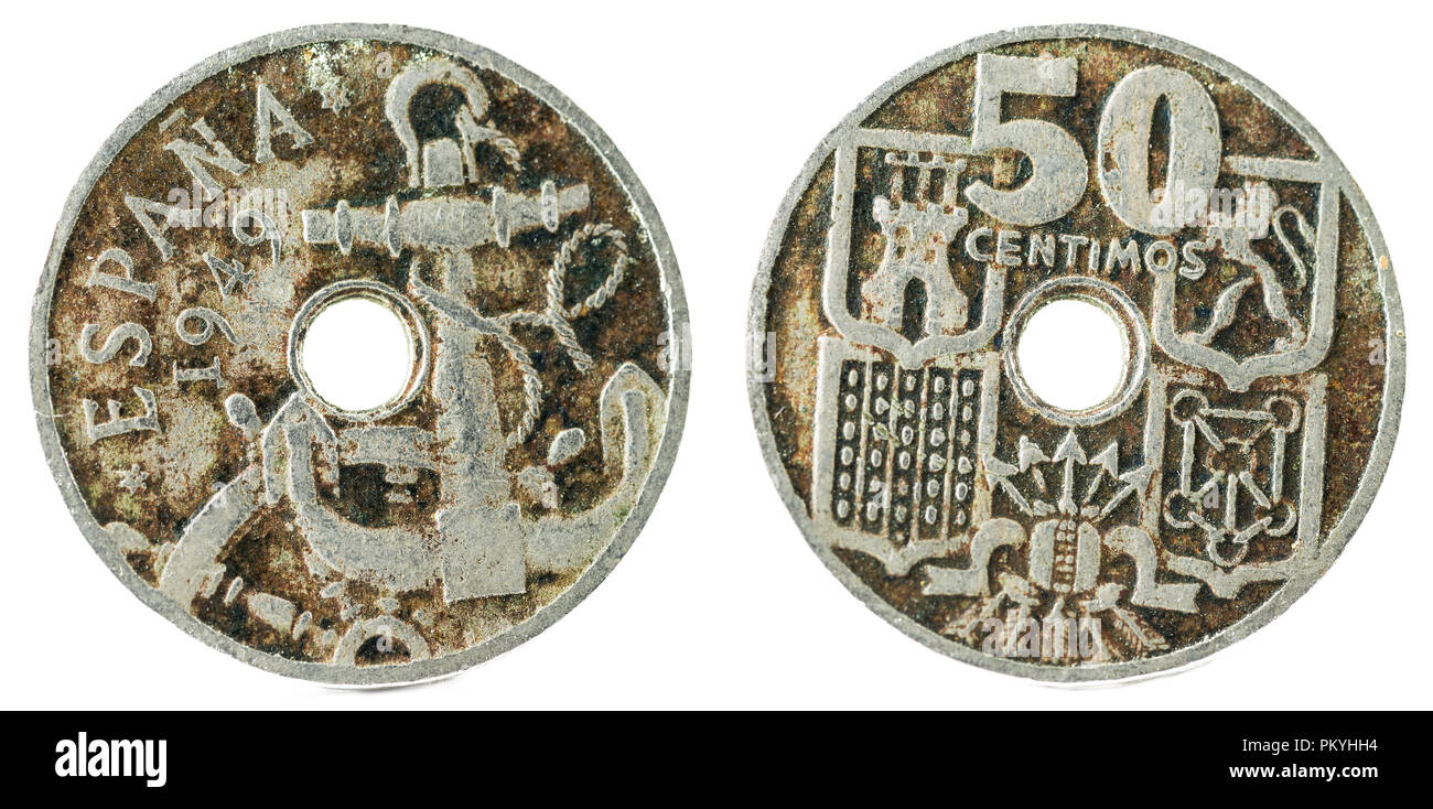 Old Spanish coin of 50 Centimos. Nickel. Francisco Franco. Year 1949 ...